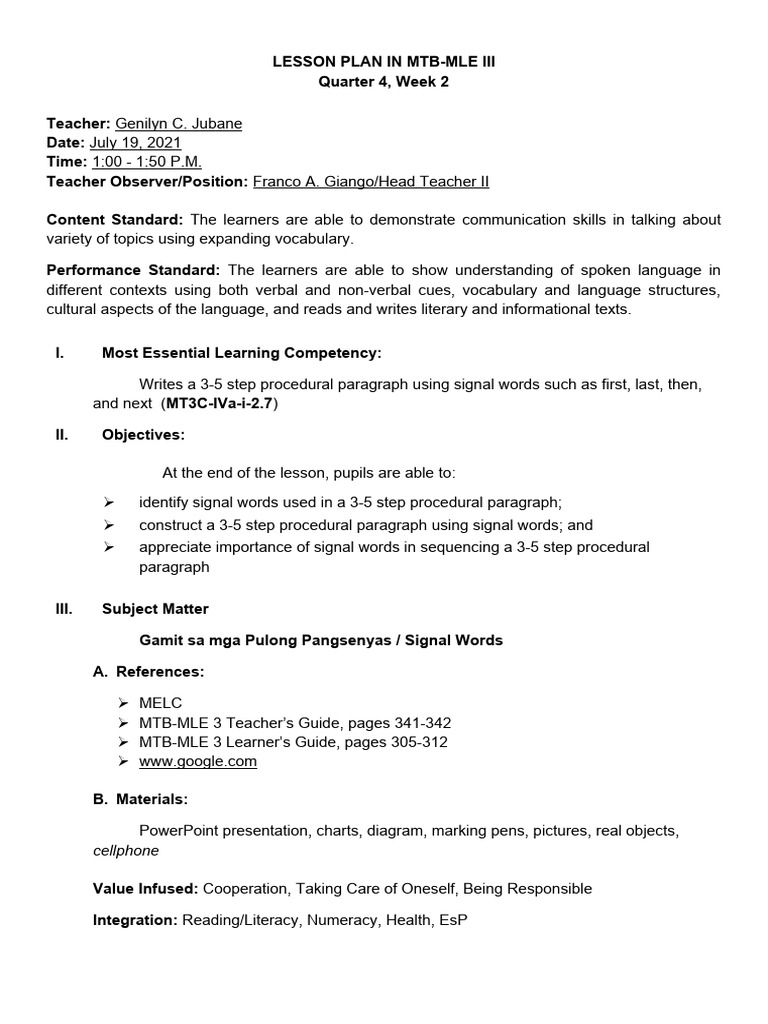 Lesson Plan Mtb3 q4 w3 4 Final Na Jud | PDF