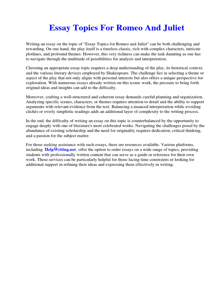 Essay Topics For Romeo and Juliet | PDF
