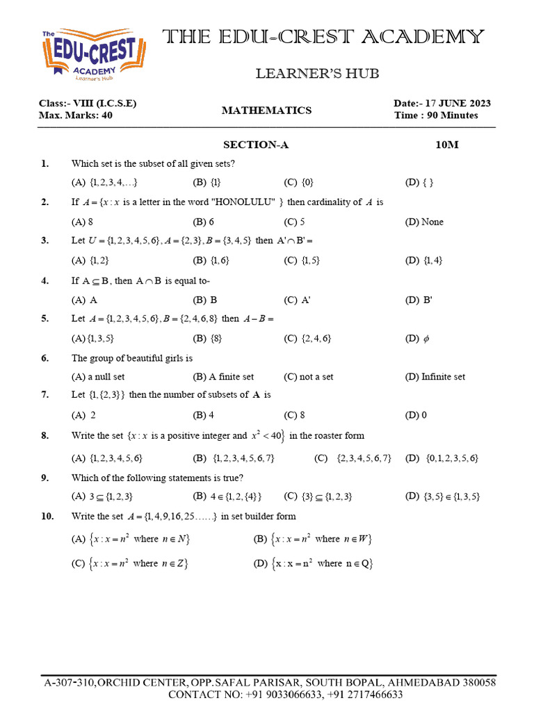 8th - ICSE - SETS TEST PAPER MATH 17JUNE | Download Free PDF ...