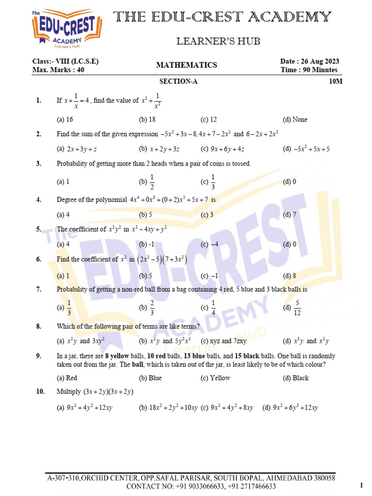 8th - ICSE - TEST PAPER MATH - 26aug2023 | PDF | Probability ...