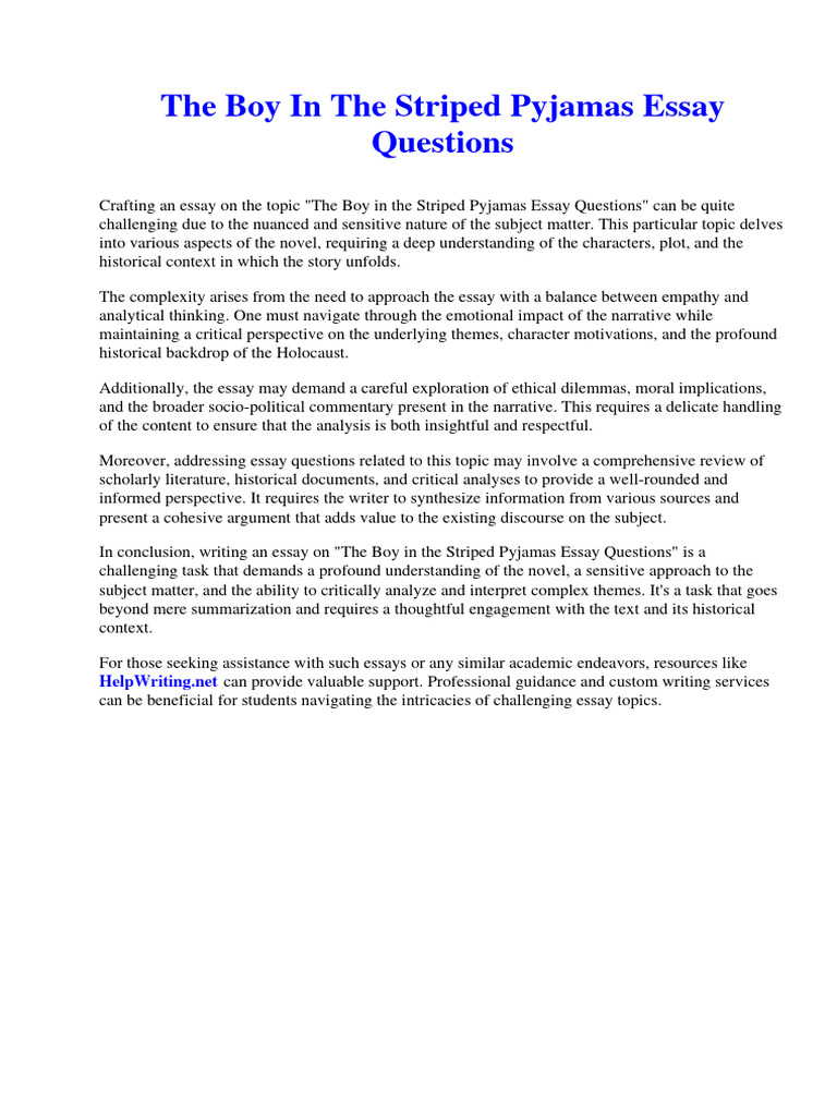 The Boy in The Striped Pyjamas Essay Questions | PDF | Essays ...