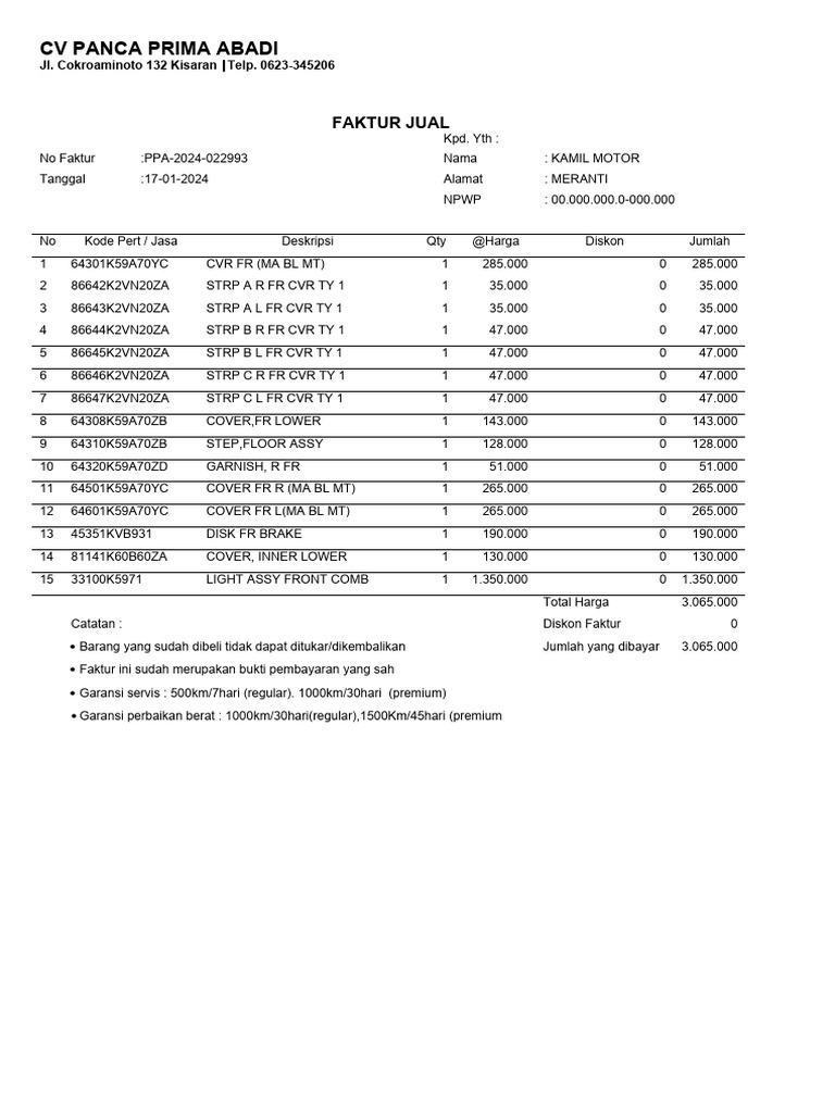 CV PANCA PRIMA ABADI Bonfaktur | PDF