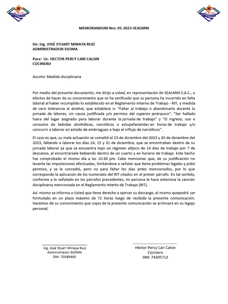 MEMORANDUM NRO 001 Hector | PDF