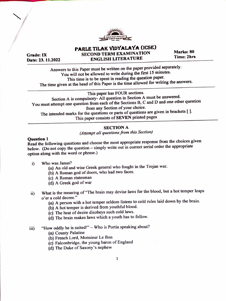 English Literature 80 Mark Question Paper 2nd Term PTV ICSE | PDF