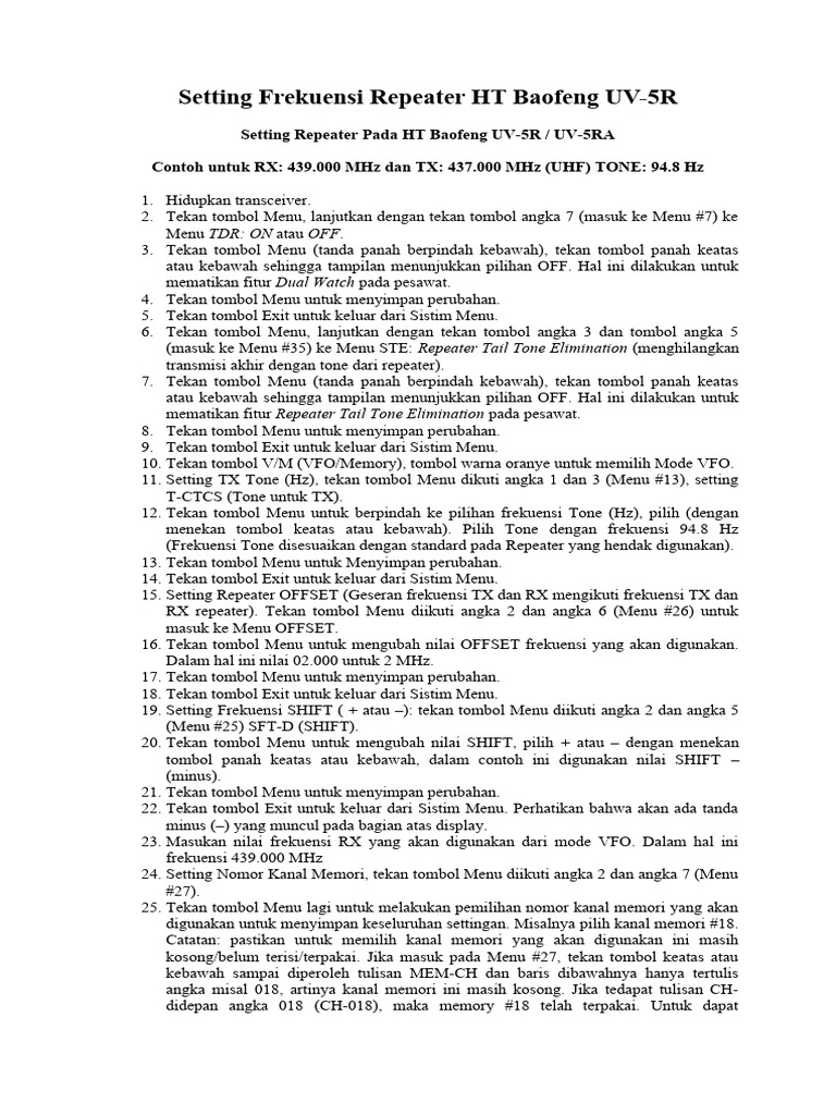 Setting Frekuensi Repeater HT Baofeng UV | PDF