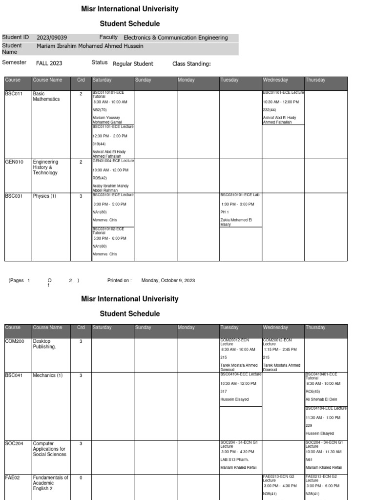 Student Schedule | PDF | Physical Sciences | Engineering
