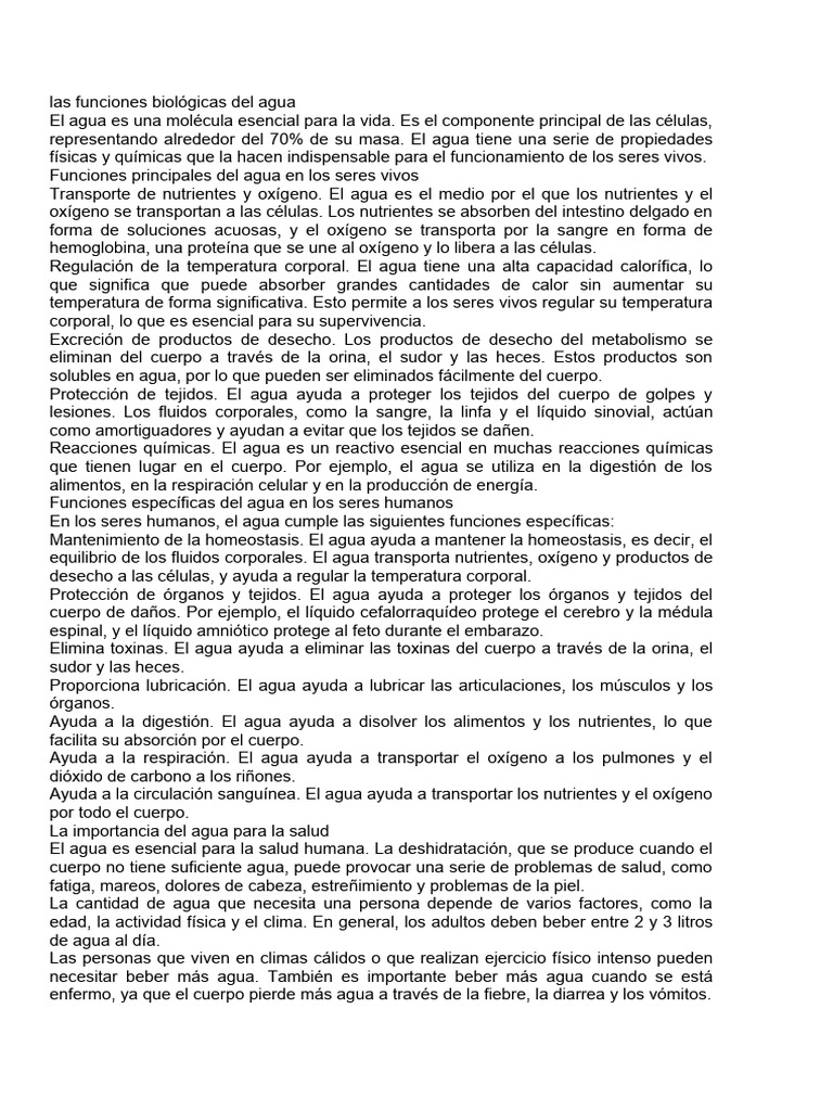 las funciones biológicas del agua | PDF | Agua | Homeostasis