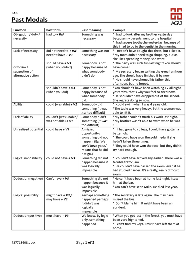Past Modals - Input and Task | PDF