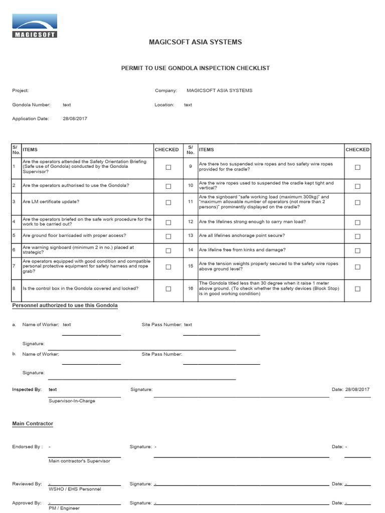 Gondola Inspection Safety Checklist | PDF | Rope | Safety