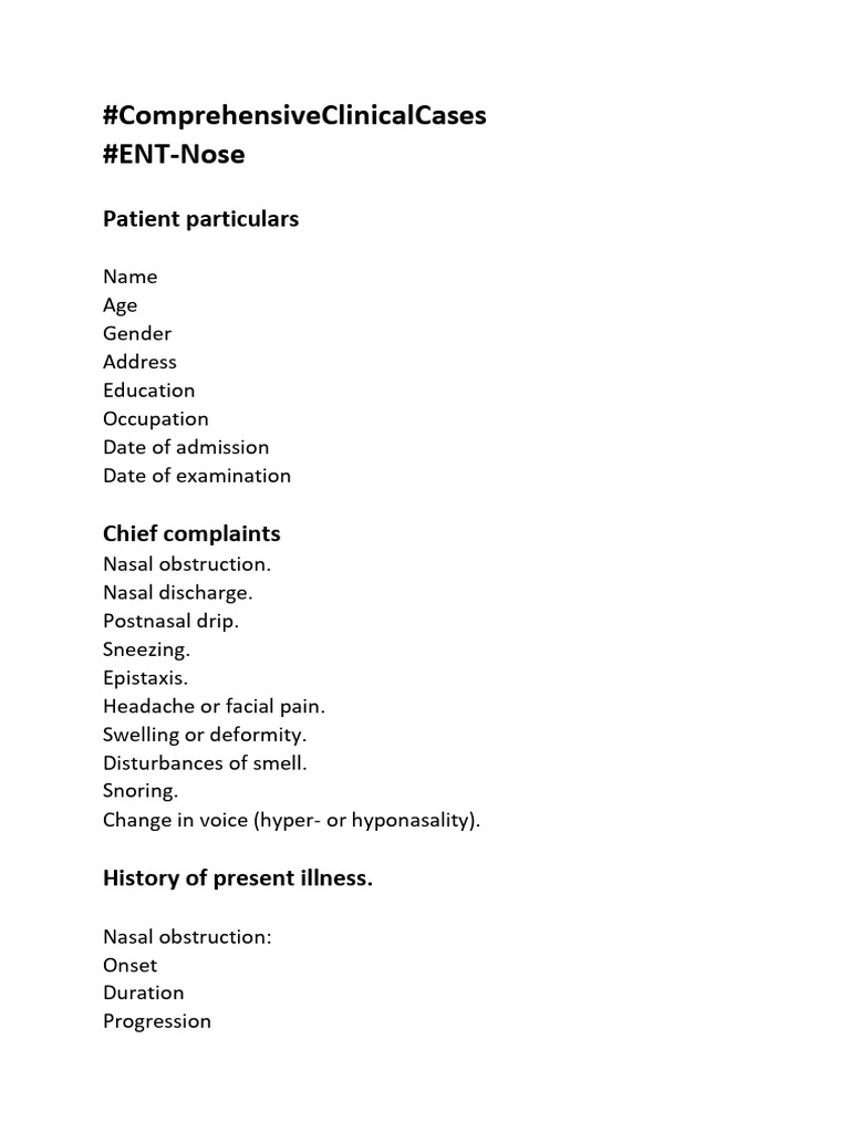 ENT Case Proforma-Nose | PDF | Human Nose | Medical Specialties