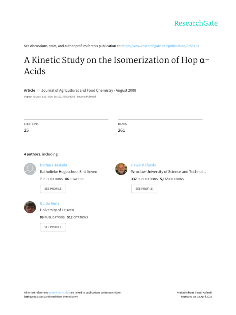 A Kinetic Study On The Isomerization of Hop R-Acids | PDF