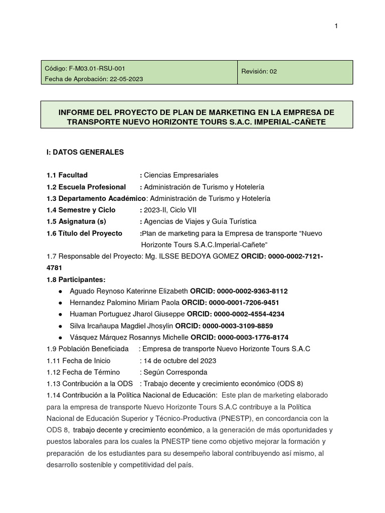 Ficha Del INFORME DEL PROYECTO DE PLAN DE MARKETING EN LA EMPRESA DE TRANSPORTE NUEVO HORIZONTE ...