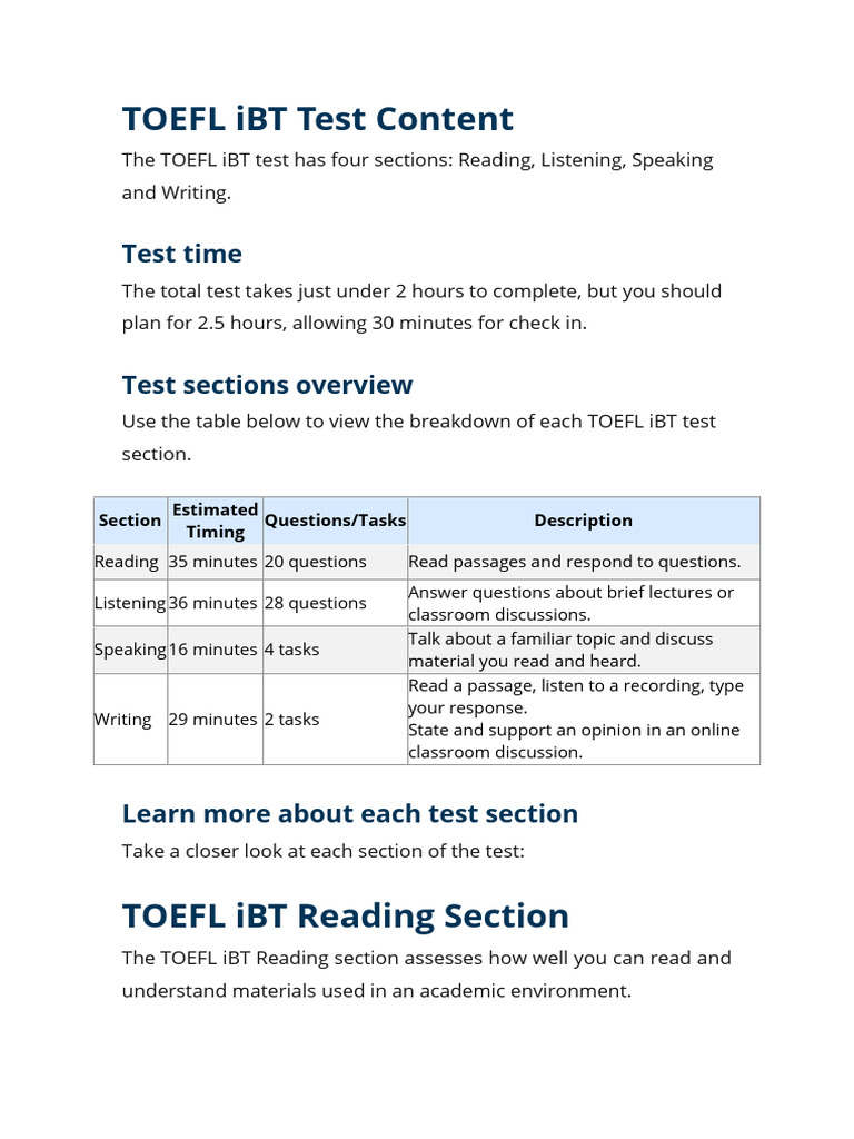 Toefl Test Content | PDF | Test Of English As A Foreign Language ...
