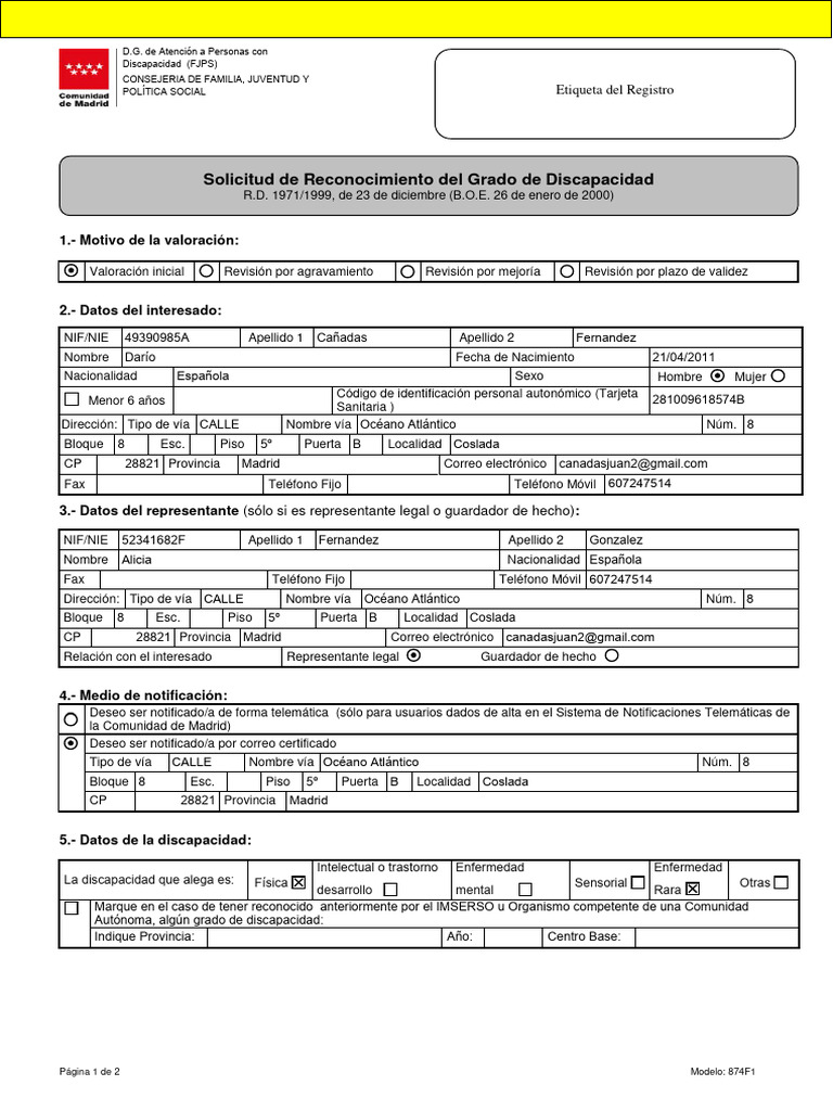 Solicitud de Reconocimiento Del Grado de Discapacidad: 1.-Motivo de La Valoración | PDF