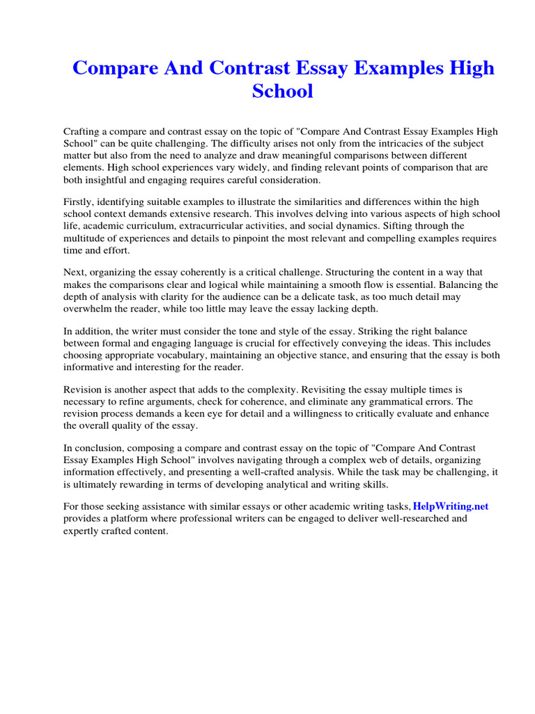 Compare and Contrast Essay Examples High School | PDF | Essays | To ...