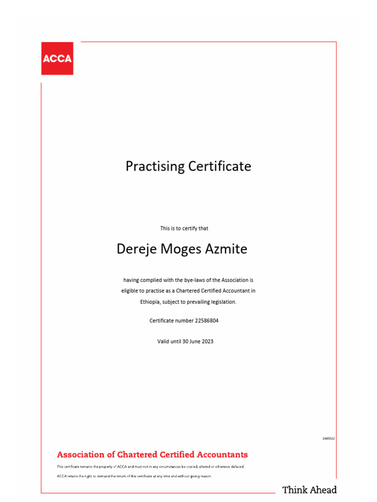 ACCA Practising Certificate Ethiopia Dereje Moges Azmite 2489522 | PDF ...