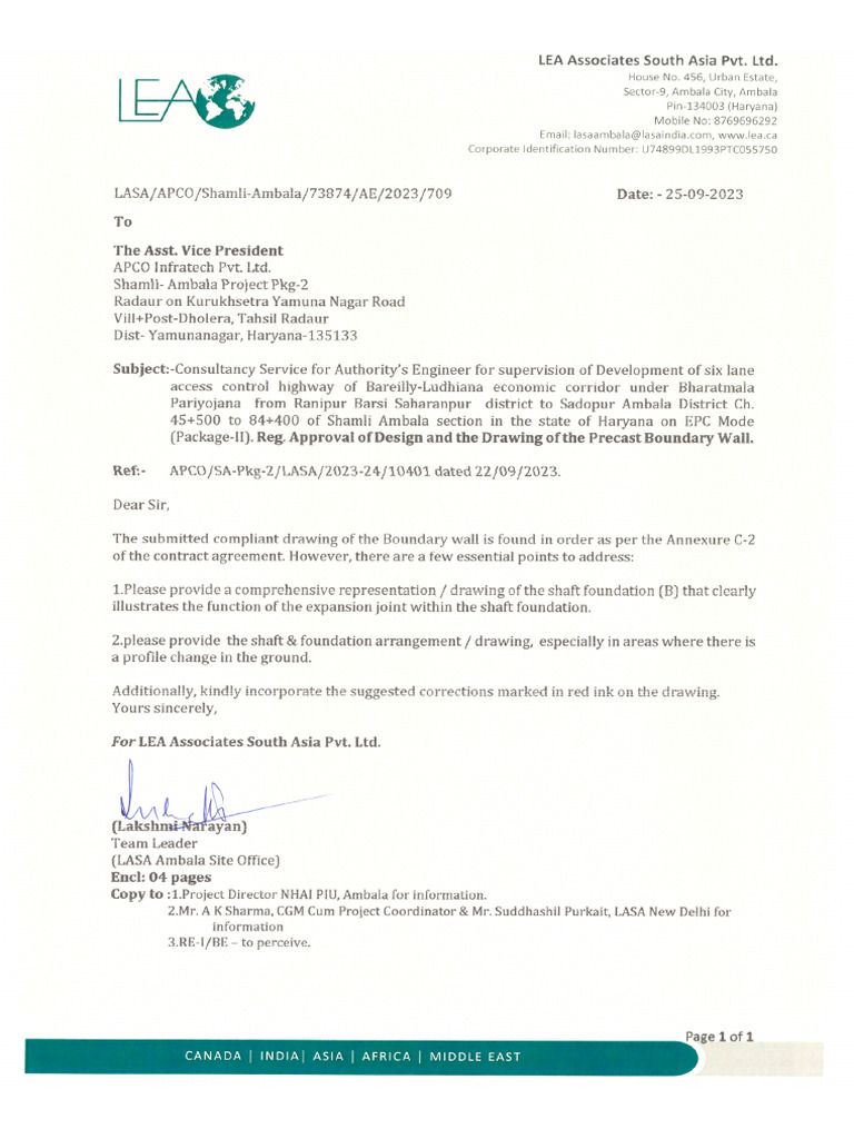 Letter No 709-Reg. Approval of Design and The Drawing of The Precast Boundary Wall | PDF