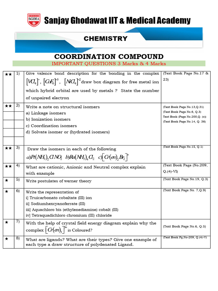 Chemistry Imp Questions | PDF | Coordination Complex | Ion