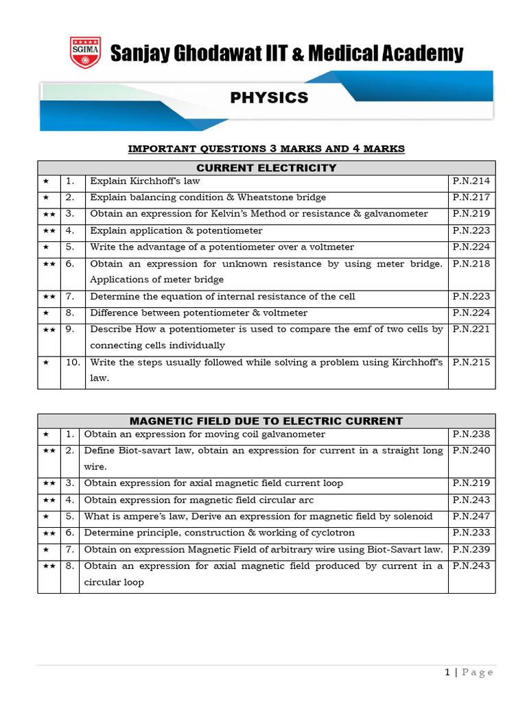 Physics Imp Questions | PDF | Electromagnetic Induction | Magnetic Field