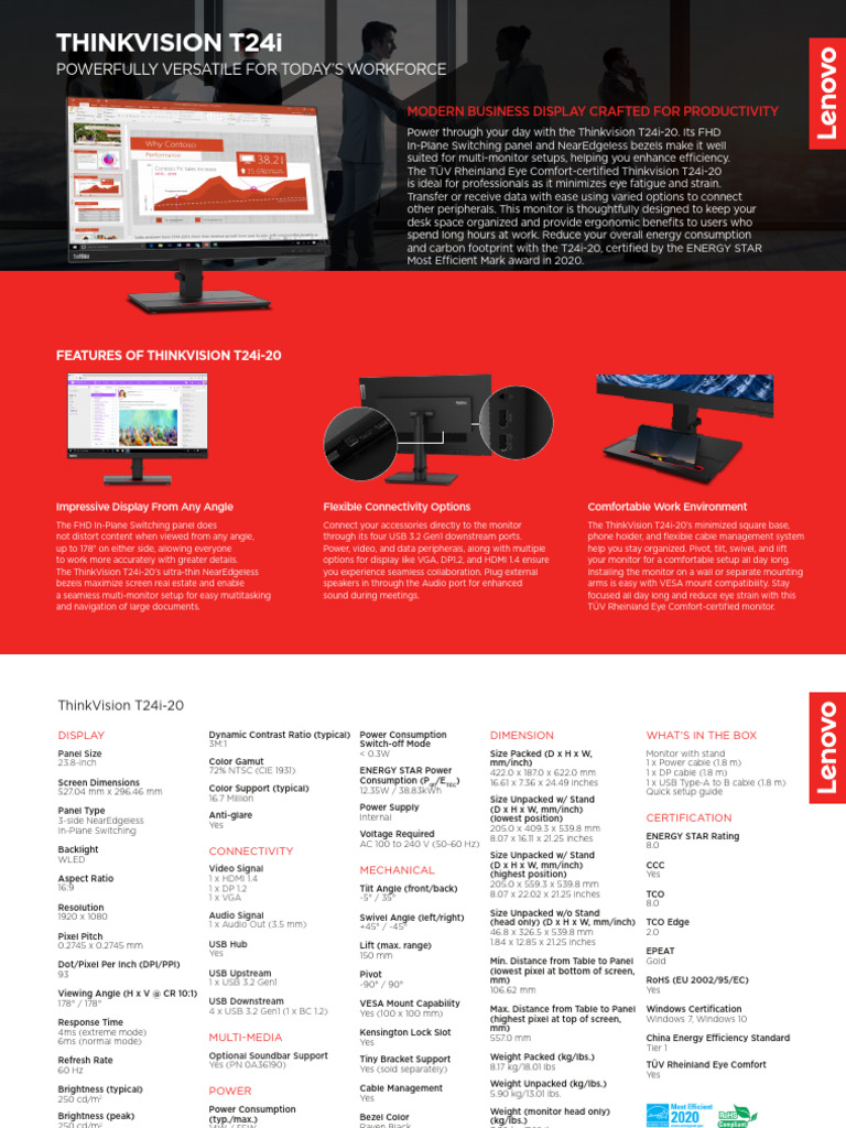 Lenovo ThinkVision T24i-20 Monitor Specs | PDF | Computer Monitor ...