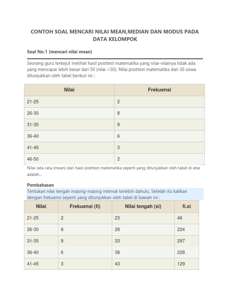 Contoh Soal Mean, Median, Modus Pada Data Kelompok | PDF