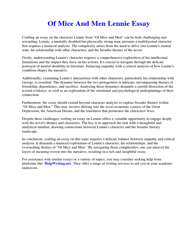 Of Mice And Men Lennie Essay Pdf Drainage Basin Essays