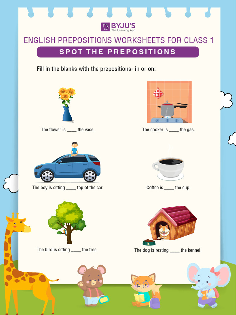 Prepositions Worksheet for Class 1 | PDF
