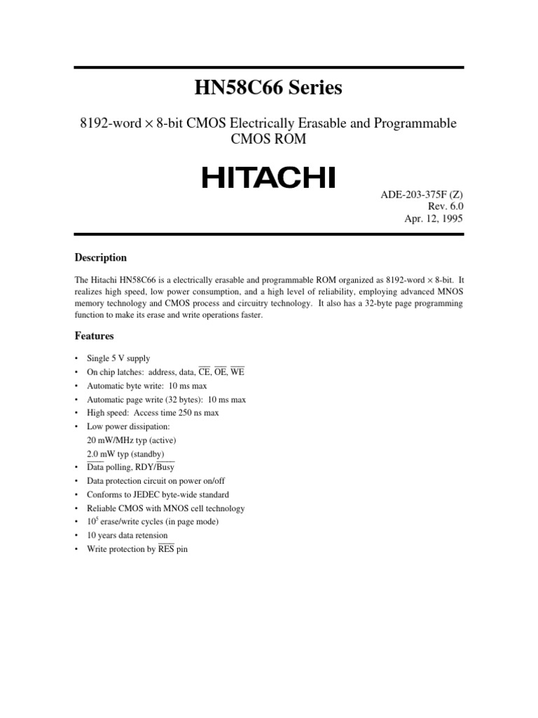 HN58C66 EEPROM Datasheet | PDF | Cmos | Electronic Circuits