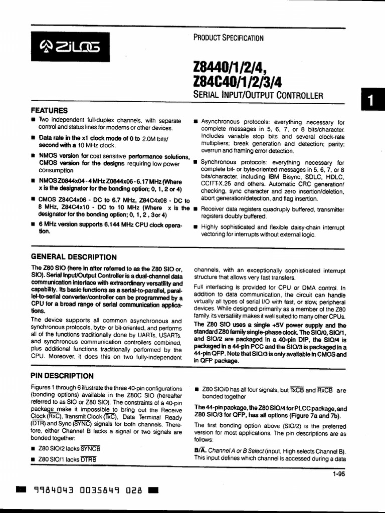 Zilog Z0844 SIO Datasheet | PDF