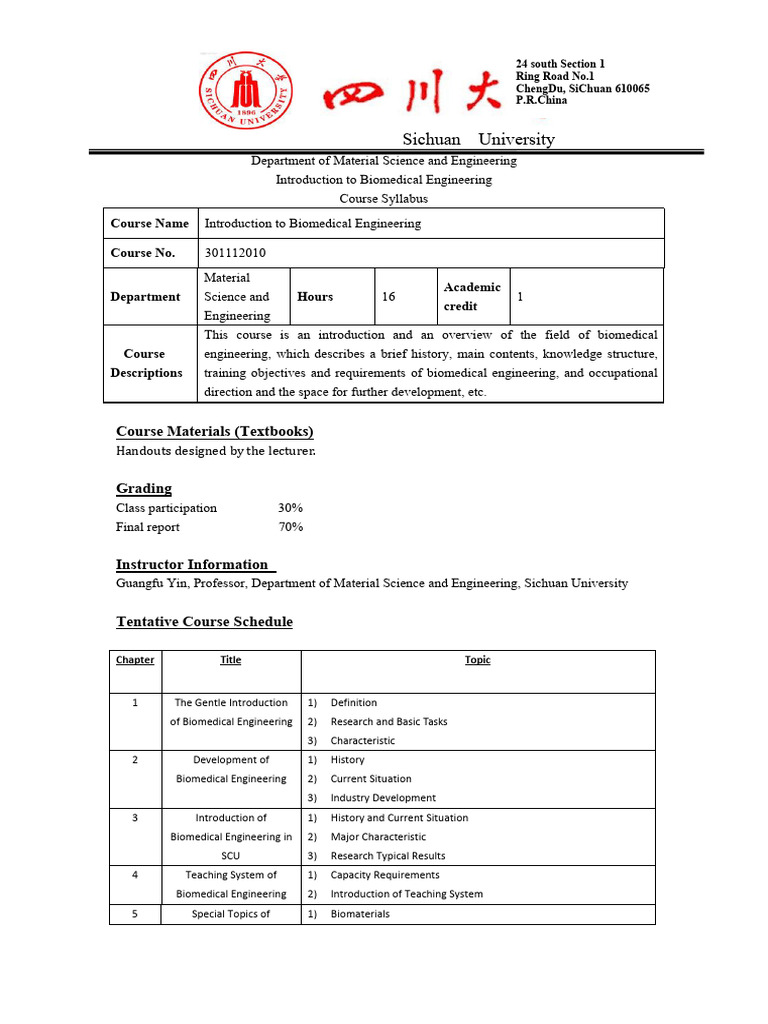 Biomedical Engineering Course Syllabus | PDF | Biomedical Engineering ...