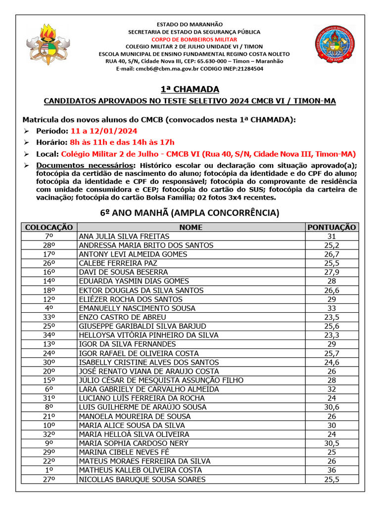 6 - Ano Chamada Seletivo 2024 | PDF