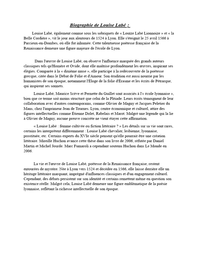 Biographie de Louise Labé, poétesse lyonnaise | PDF