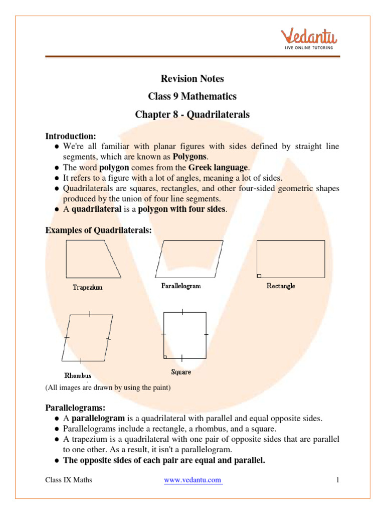 Quadrilaterals Class 9 Notes CBSE Maths Chapter 8 (PDF) | PDF ...