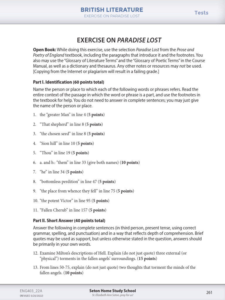 Literature Exercise on Paradise Lost | PDF | Language Arts & Discipline