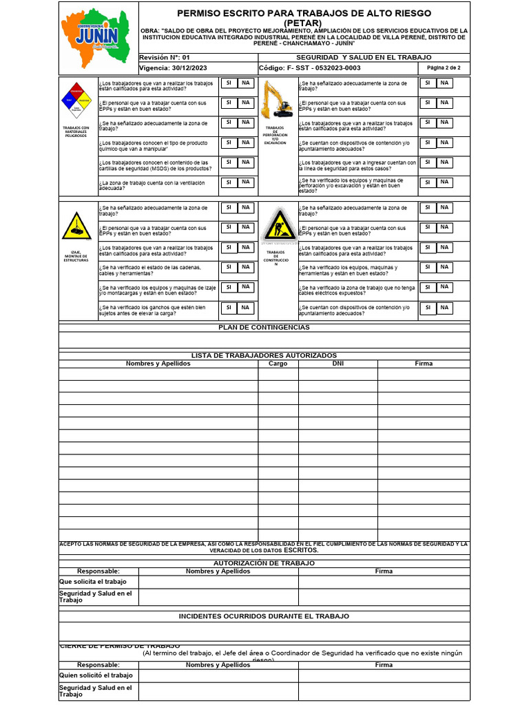 F - SST - 0532023-0003 - Permiso de Trabajos de Alto Riesgo | PDF