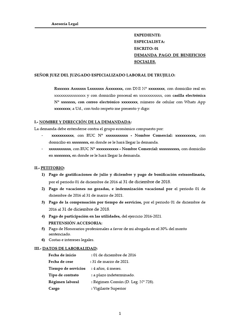 Demanda Pago de Beneficios Sociales | PDF | Derecho laboral | Salario