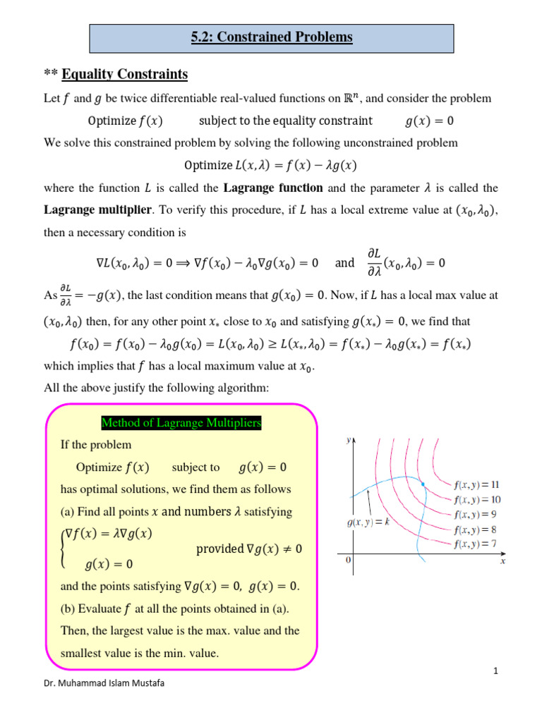 5.2: Constrained Problems: Lagrange Multiplier. To Verify This Procedure, If | PDF
