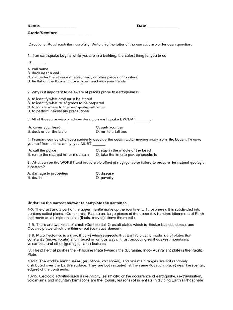 SCIENCE10 Quiz OCTOBER10 | PDF | Plate Tectonics | Structural Geology