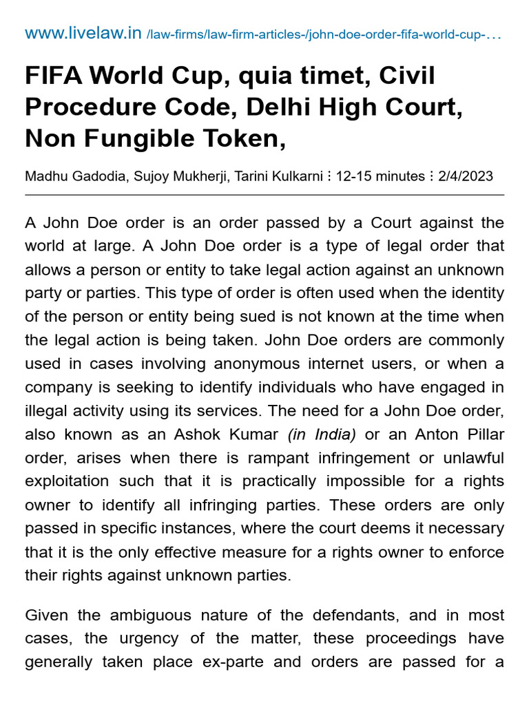 'John Doe' Injunction Order | PDF | Copyright Infringement | Copyright