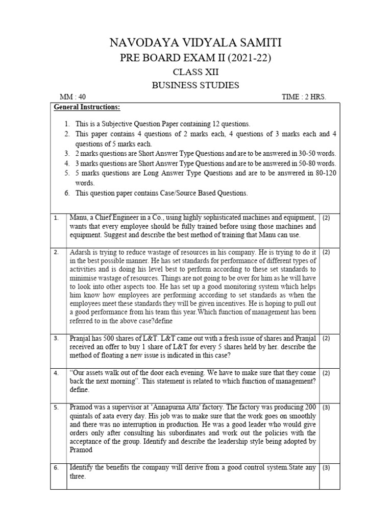 Xii Business Studies QP 1 | PDF