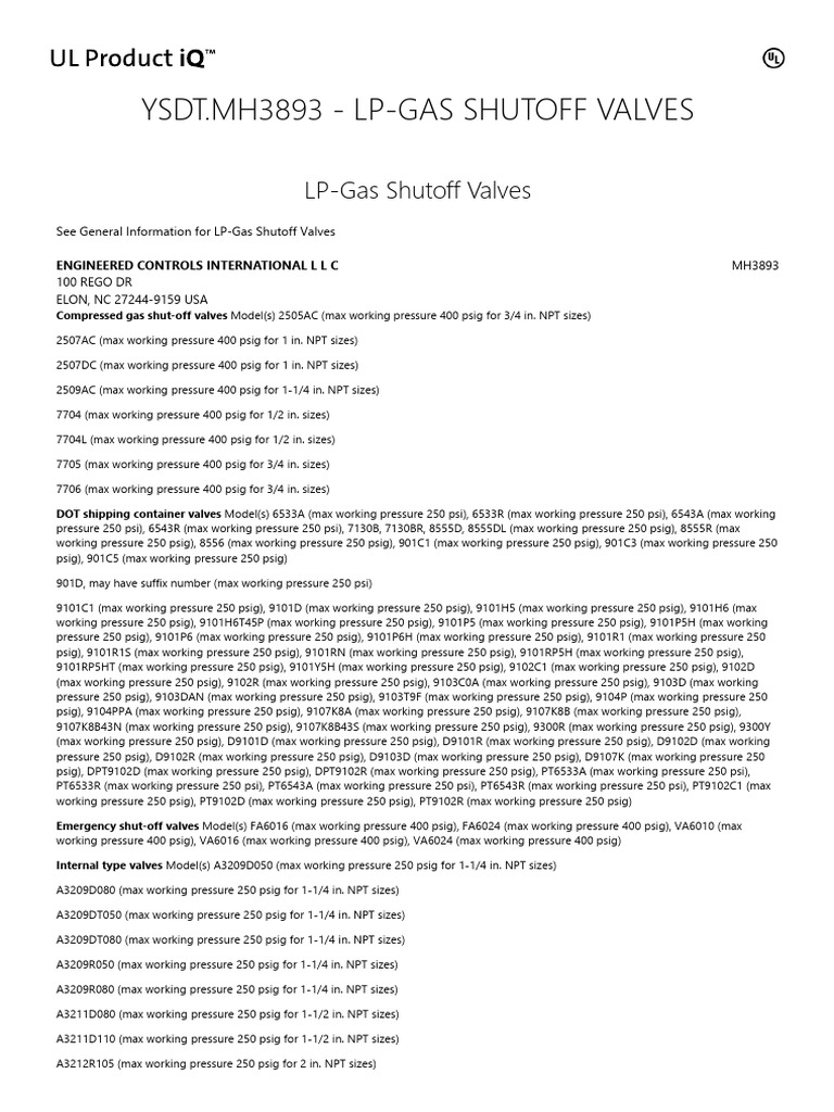 LP-GAS SHUTOFF VALVES - UL Product Iq | PDF | Pressure | Physical ...
