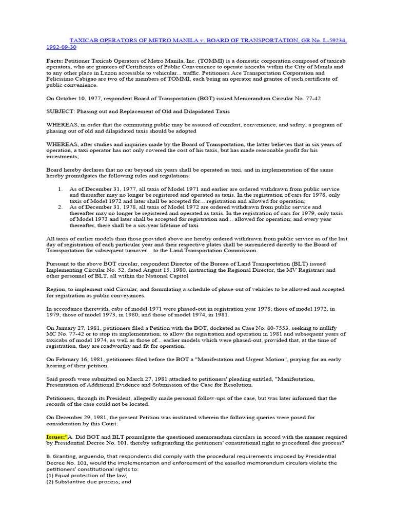 Manila Taxi Operators vs. BOT Ruling Summary | PDF | Due Process ...