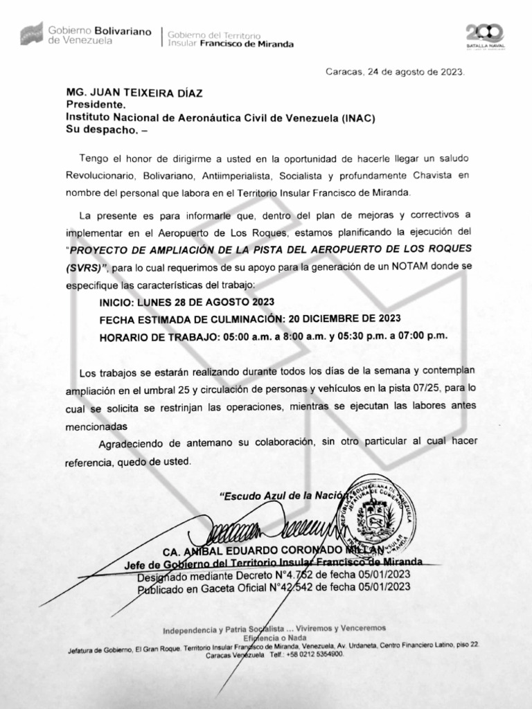Comunicaci n Oficial Entre Gobierno Del Territorio Insular Miranda Y El