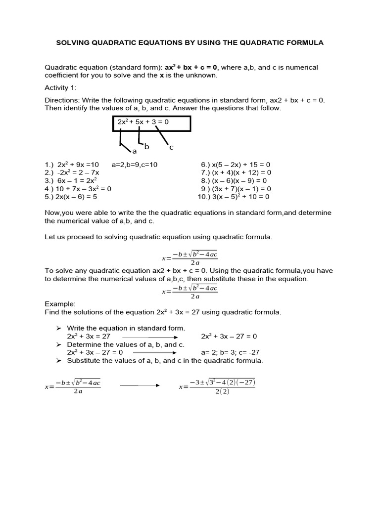 Grade 9 Solving Quadratic Equations by Using The Quadratic Formula ...