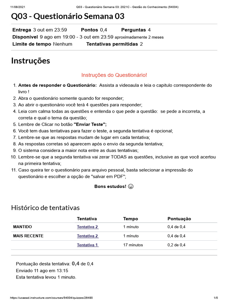 Q03 - Questionário Semana 03 - 2021C - Gestão Do Conhecimento (54004) | PDF