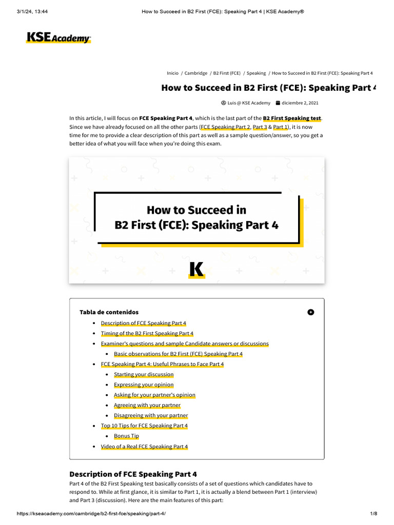 How To Succeed in B2 First (FCE) - Speaking Part 4 - KSE Academy® | PDF ...