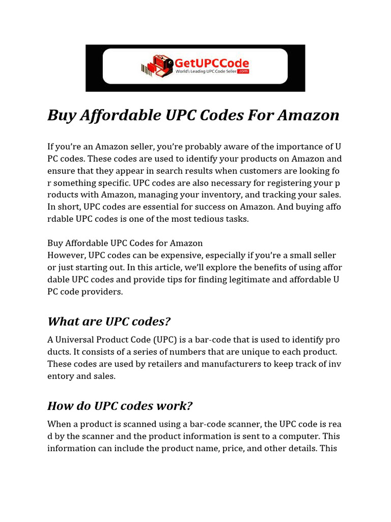 Buy Affordable UPC Codes For Amazon (GETUPCCODE) | PDF | Barcode ...