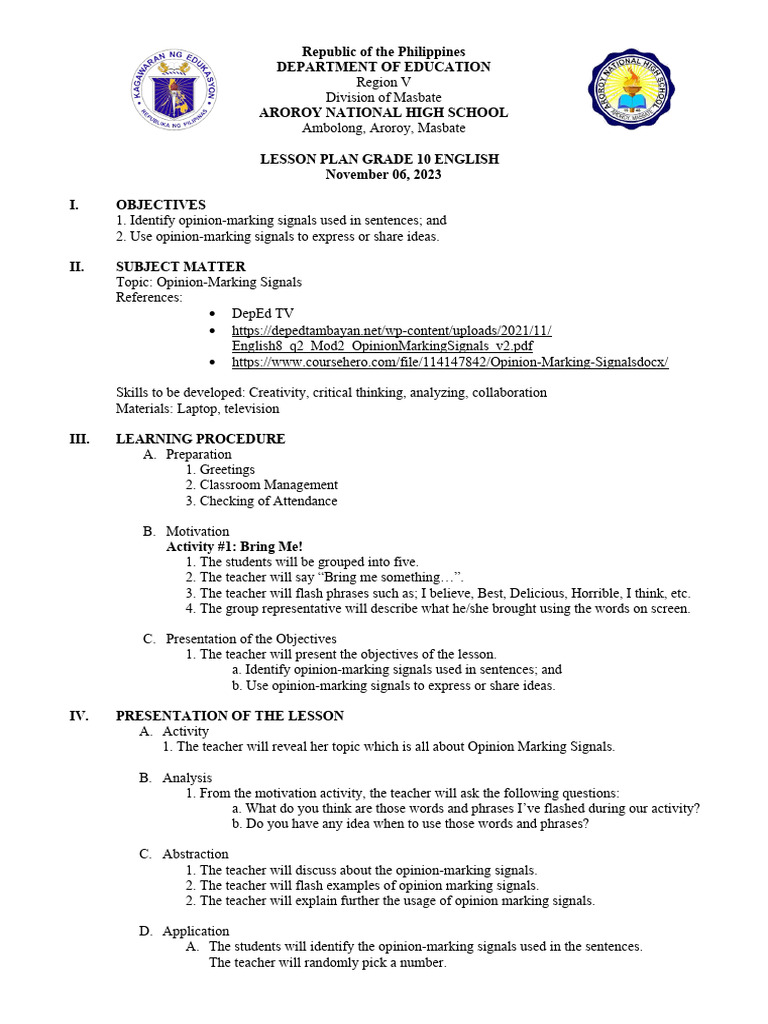Lesson Plan on Opinion Marking Signals | PDF