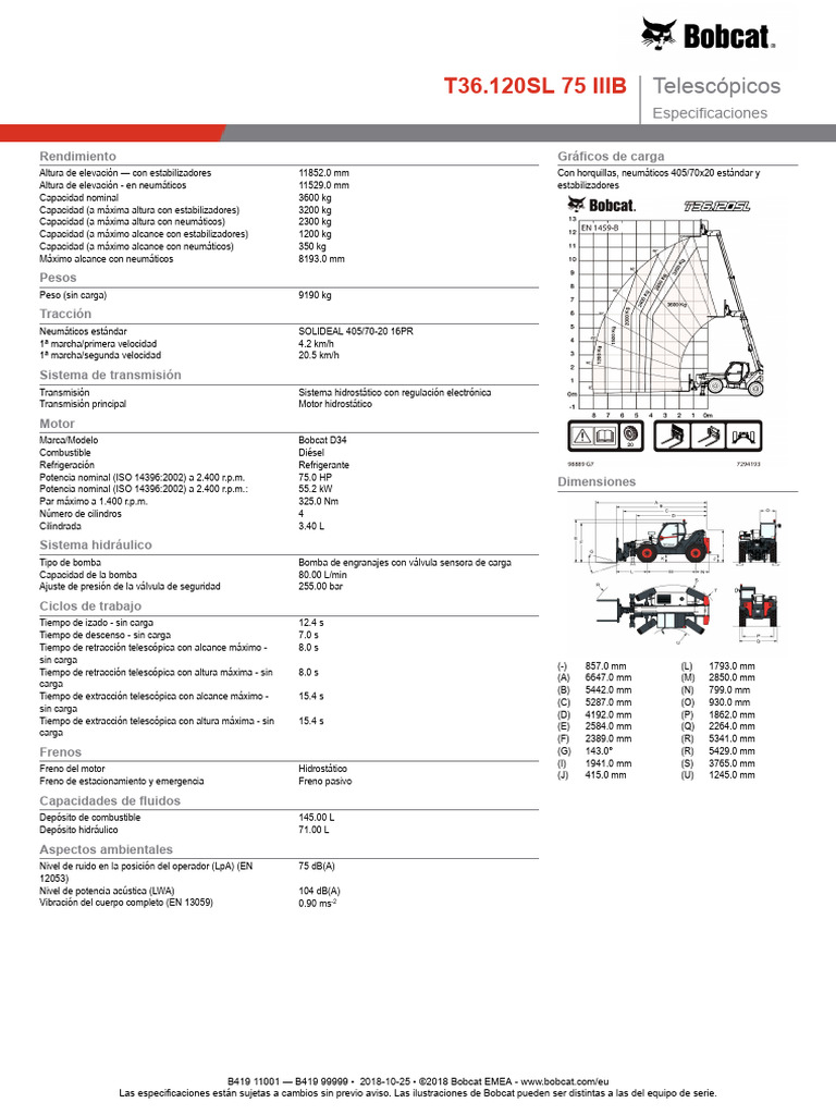 Especificaciones Telescópico Bobcat T36.120SL | PDF | Vehículos | Tecnología de vehículos