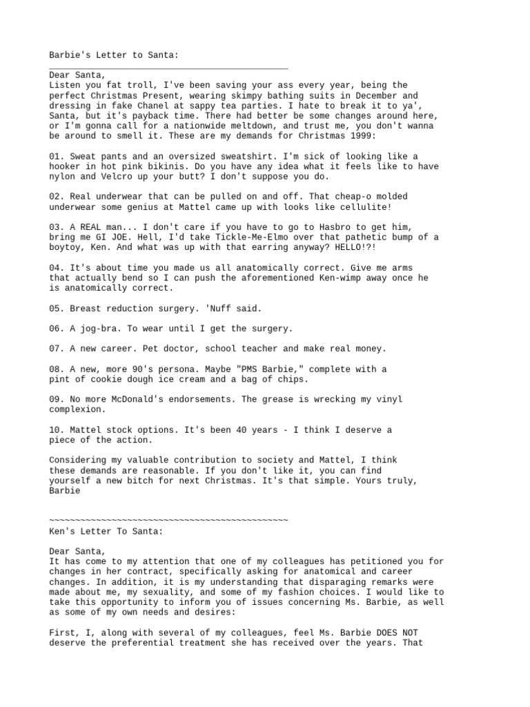 Barbie and Ken's Letters to Santa | PDF | Barbie | Fashion